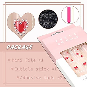 24pcs Valentine's Day Press on Nail Short Red Heart Fake Nail with White Peal Design Full Cover False Nail for Women Stciker on Nail wirh Glue red nail for Acrylic Nails Manicure Tip