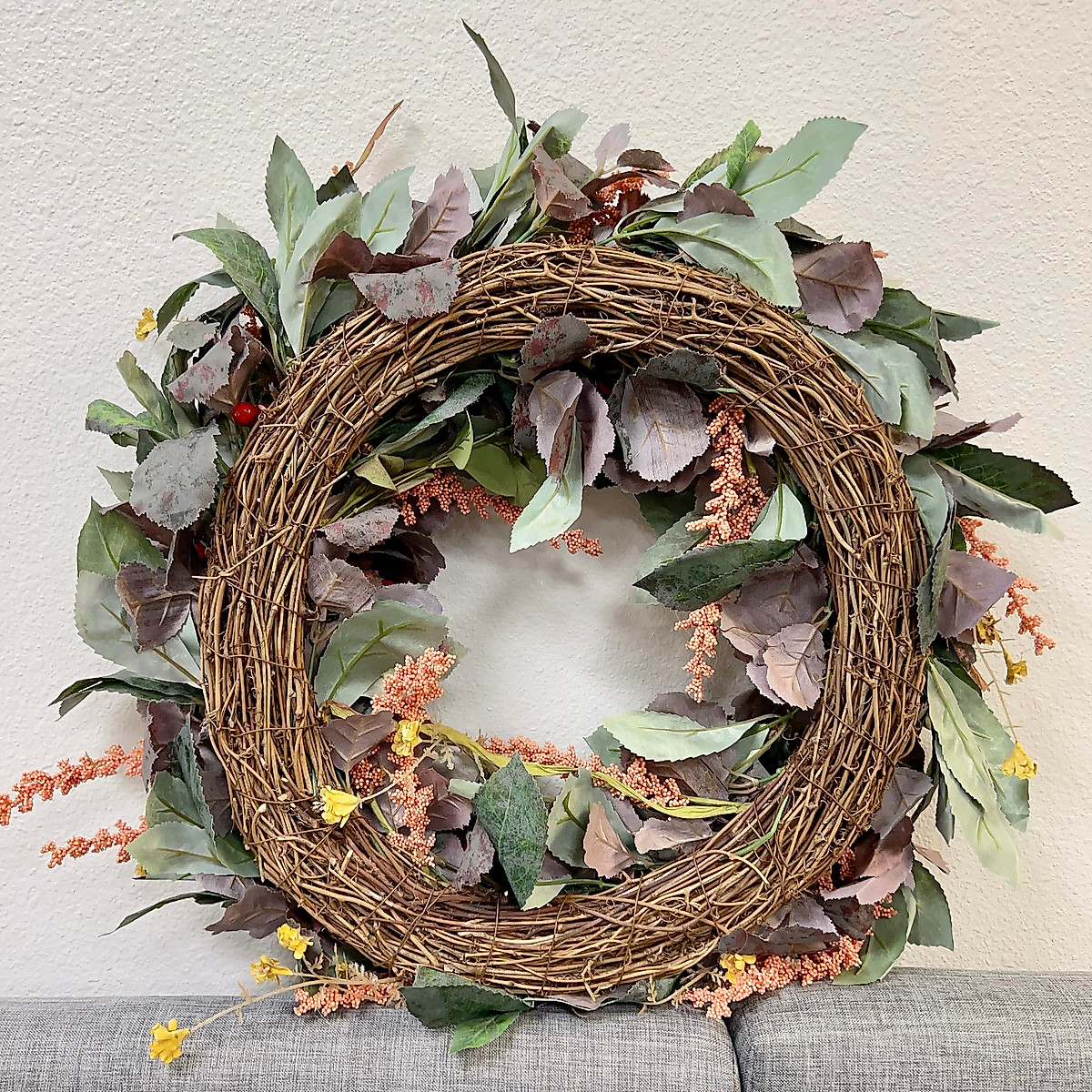 Abbie Home 24" Artificial Fall Floral Wreath with Handmade Red Hydrangea Series Rustic Leaves Red Berry for Front Door Wall Window Decor and Thanksgiving Harvest Festival Celebration