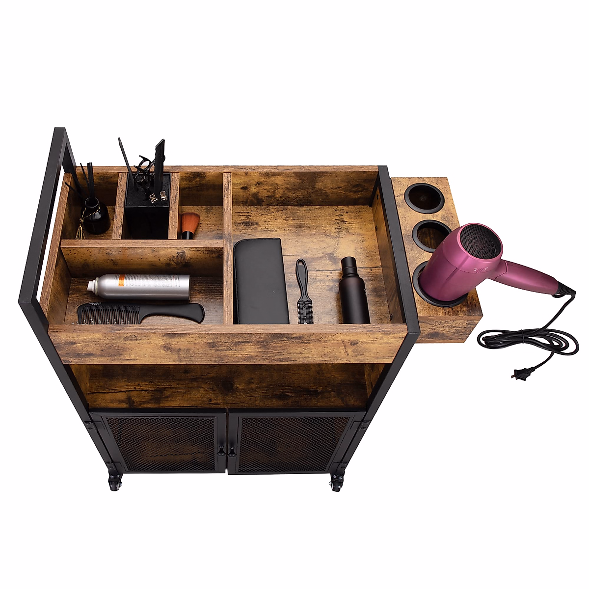 RESHABLE Rolling Salon Station with Wheels, Barbershop Station with Extra Storage Space, Hairstylist Cart with Charging Station and USB Ports, Rustic Brown