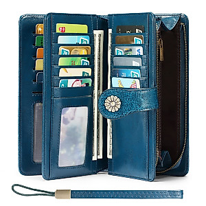 MANBANG Wallets for Women Leather Credit Card Holder with RFID Blocking Large Capacity Wristlet (Blue)