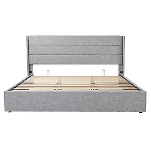 SHA CERLIN King Size Lift Up Storage Bed/Modern Wingback Headboard/Upholstered Platform Bed Frame/Hydraulic Storage/No Box Spring Needed/Wood Slats Support/Light Grey