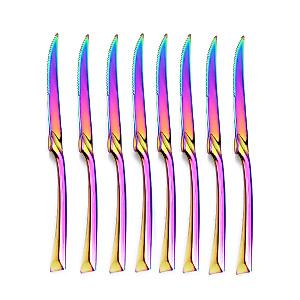 JASHII 18/10 Stainless Steel 8 Piece Mirror Polished Rainbow Serrated Steak Knife Colorful Serving Black Utensil Set