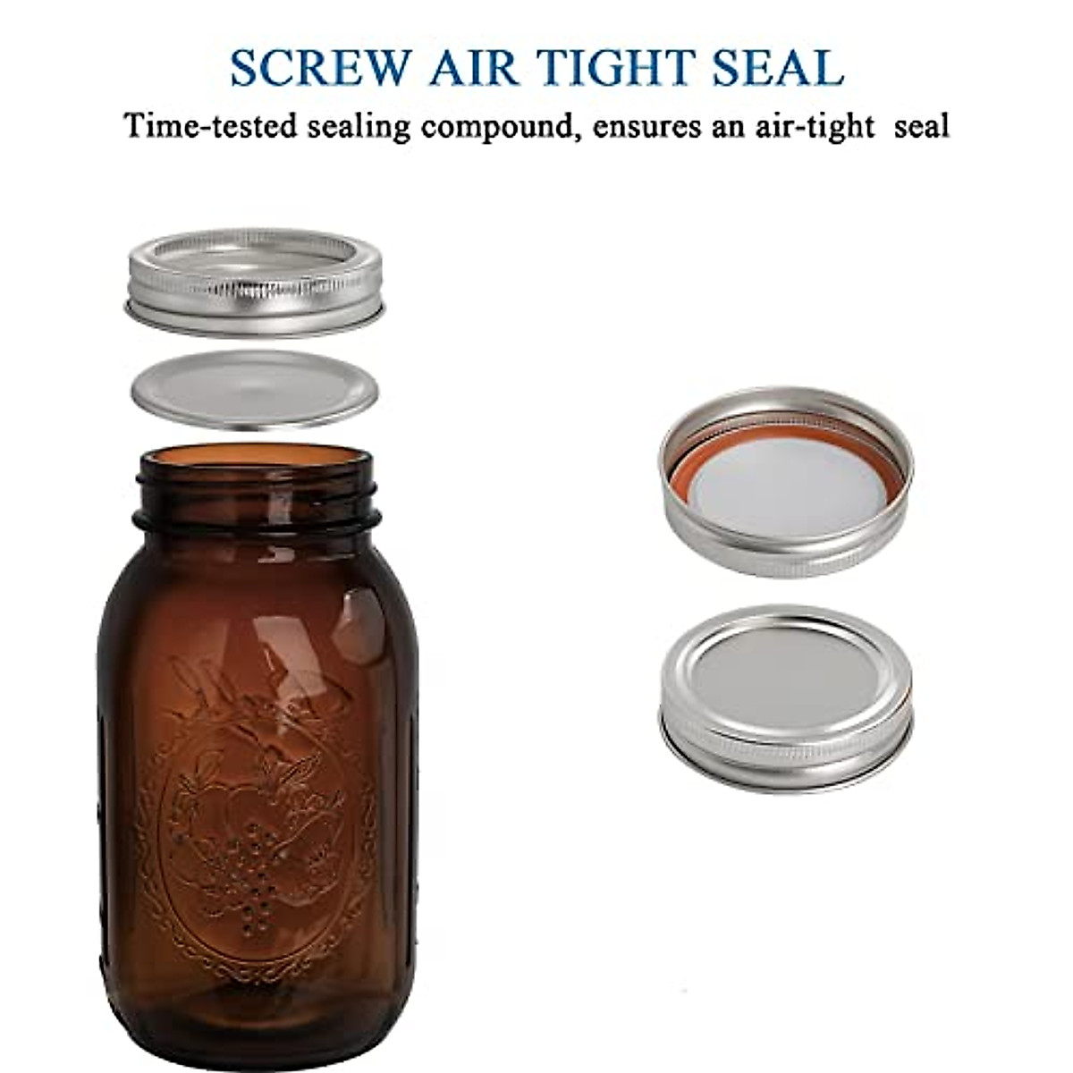 Tebery 6 Pack Amber Regular Mouth Quart Mason Jars, 32oz Canning Glass Jars with Airtight lids and Bands