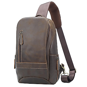 TIDING Vintage Full Grain Leather Sling Bag Travel Hiking Crossbody Chest Daypack For Men