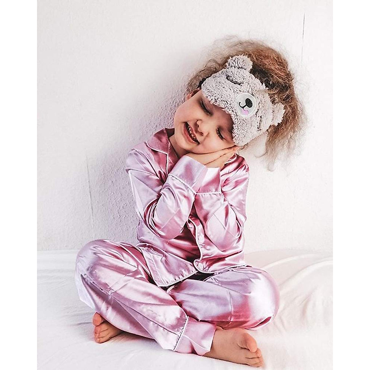 Toddler Baby Kids Satin Pajamas Set, Long Sleeve Button-Down Sleepwear PJs for Girls (3Y, A-Pink)