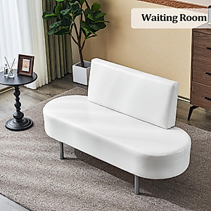 LEADZM Waiting Room Bench Seating, Salon Reception Chairs Leather Upholstered Settee with Backrest, Heavy Duty Guest Lobby Chair, Office Beauty Barbershop Furniture, White