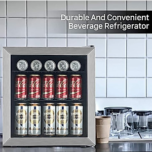 muhub 65 Can Beverage Cooler and Refrigerator, Mini Fridge with Glass Door and Adjustable Removable Shelves,Stainless Steel, for Home, Office or Bar(1.6 Cu.Ft.)