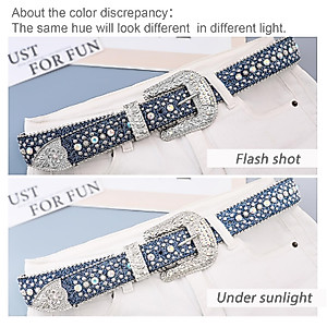 FIORETTO Men Women Rhinestone Belt Western Studded Leather Belt Shine Crystal Bling Diamond Cowgirl Cowboy Waist Belt for Jeans Pants Blue