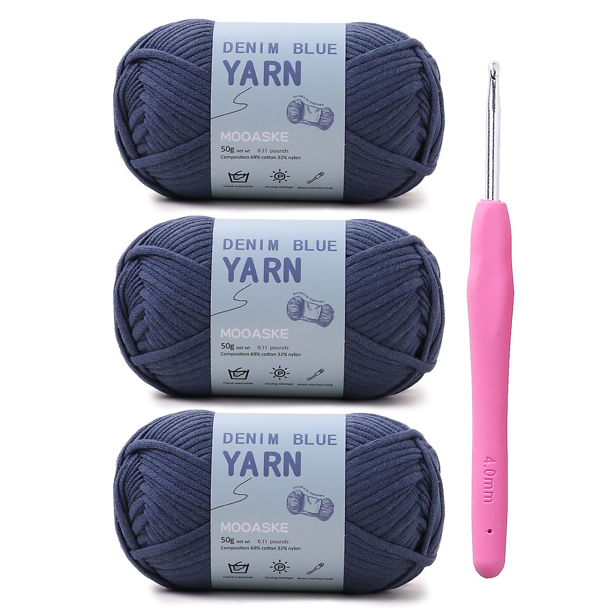 Mooaske 3 Pack (3 x 50g) Crochet Yarn with Crochet Hook - Worsted Medium Yarn for Crocheting - Easy-to-See Stitches Cotton-Nylon Blend Beginner Knitting Yarn for Adults and Kids