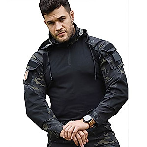HAN·WILD Men's Tactical Shirt Combat Airsoft Long Sleeve Shirts with Elbow Pads Camo Military T-Shirt with Hood
