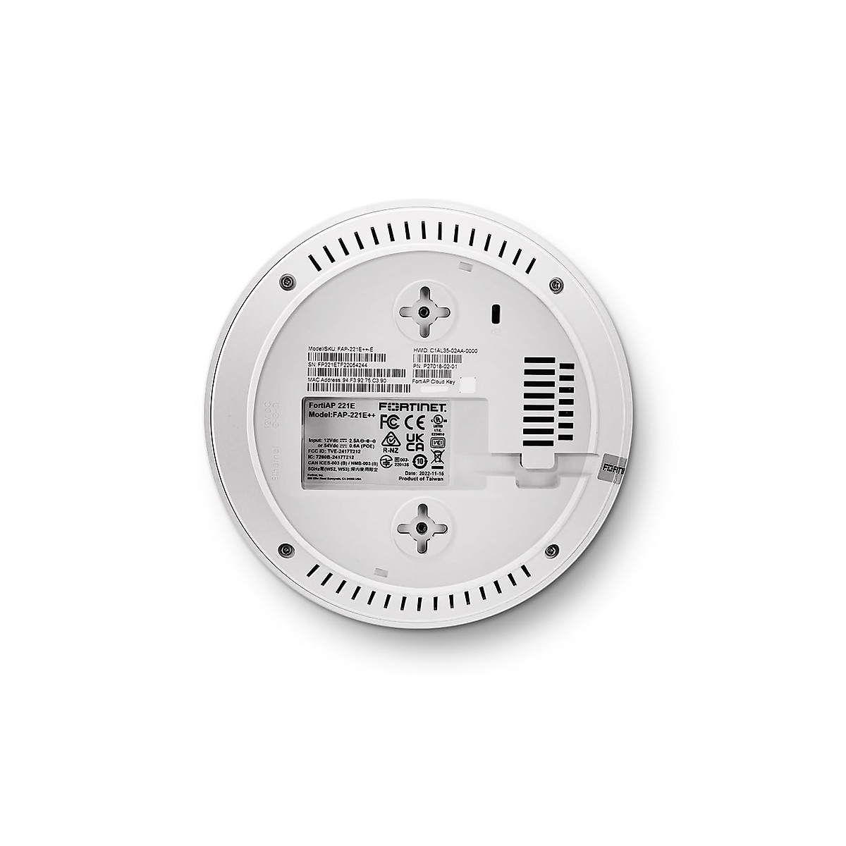 Fortinet FortiAP 221E | 802.11ac Wave 2 indoor wireless Access Point - dual radio, 4 internal Antennas, 1 x 10/100/1000 RJ45 port (FAP-221E-A)