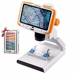 STPCTOU LCD Digital Microscope USB Coin Microscopes 5 Inch FHD 1080P Screen 200X Magnification Zoom Camera Video Recorder for Adults Kids Stamps Plants Soldering with Base Light Sample Slides