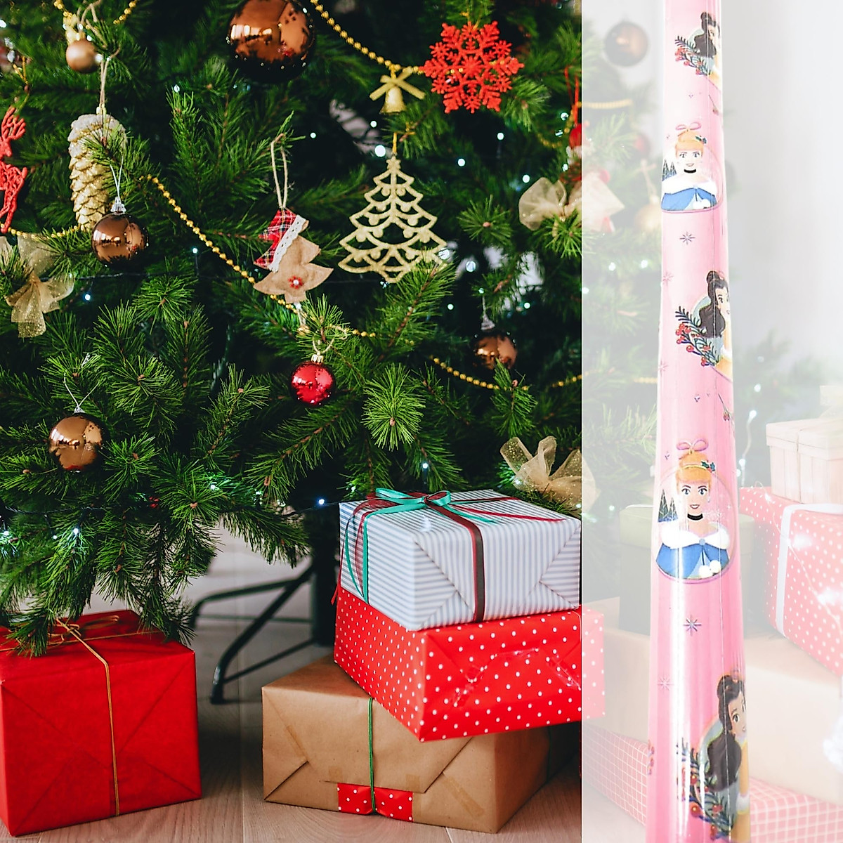 Ja'cor Pink Princesses Christmas Wrapping Paper 1 Roll 20 Sq Ft, Gift Wrap for Birthday Holiday Thanksgiving All Ocassion Presents Party Supplies Bundle with 1-Mini Wrapping Paper Cutter