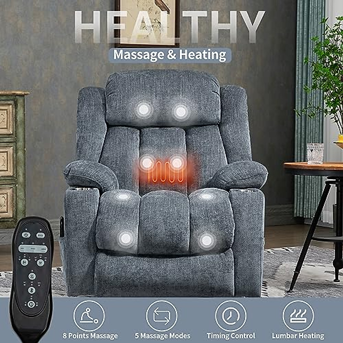 Trustyue Power Lift Recliner Chair for Elderly, Lift Chair with Full-Body Massage and Heat, Hand Remote Control, Upgraded Powerful Motor, USB Ports, Stainless Steel Cup Holders, Chenille Blue