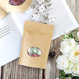 Kraft Stand Up bags with Window - SumDirect 50Pcs 4.3x 6.2 inches Brown Food Storage Bags, Reusable Sealing Stand Up Pouches Zipper Lock for Storing