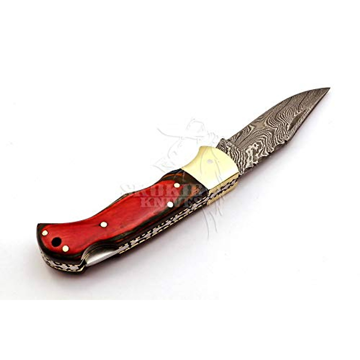 Skokie Knives Custom Hand Made Damascus Steel Hunting Folding Knife Handle Pakka Wood