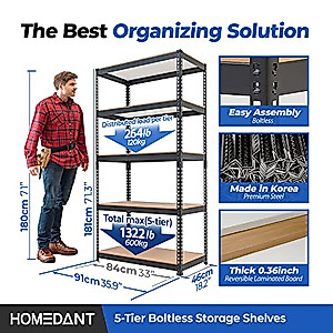 HOMEDANT 5 Tier Laminated Metal Shelving Unit Adjustable Garage Storage Utility Rack Heavy Duty Shelves Organization Multipurpose Shelf Warehouse Basement Pantry Shed 35.9" W x 18.2" D x 71.3" H 1Pack