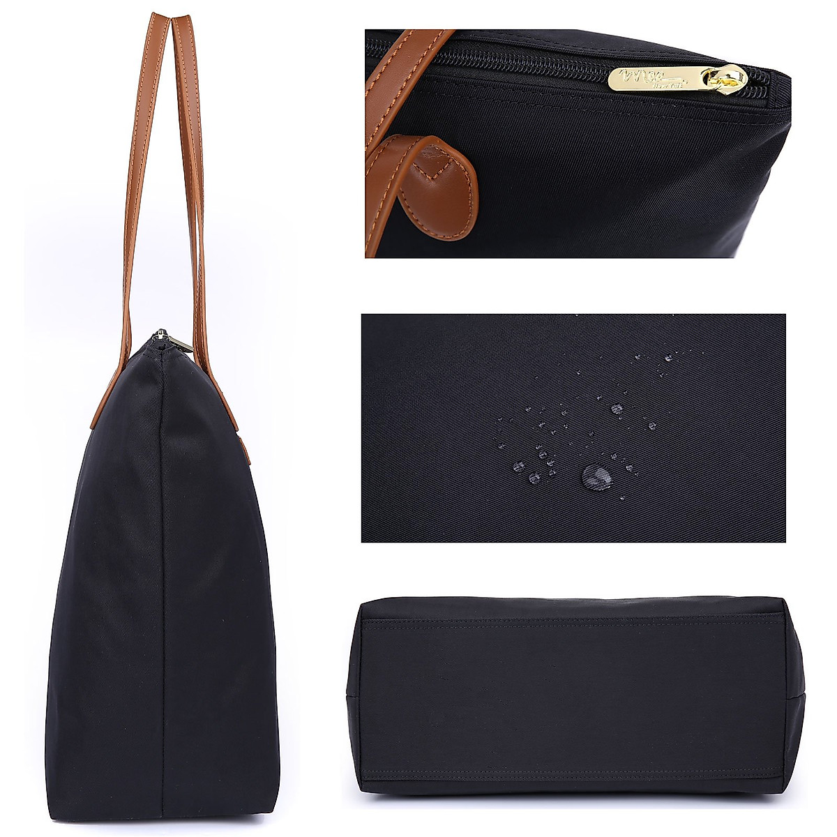 NNEE Water Resistant Light Weight Nylon Tote Bag Handbag - Large Size, Black