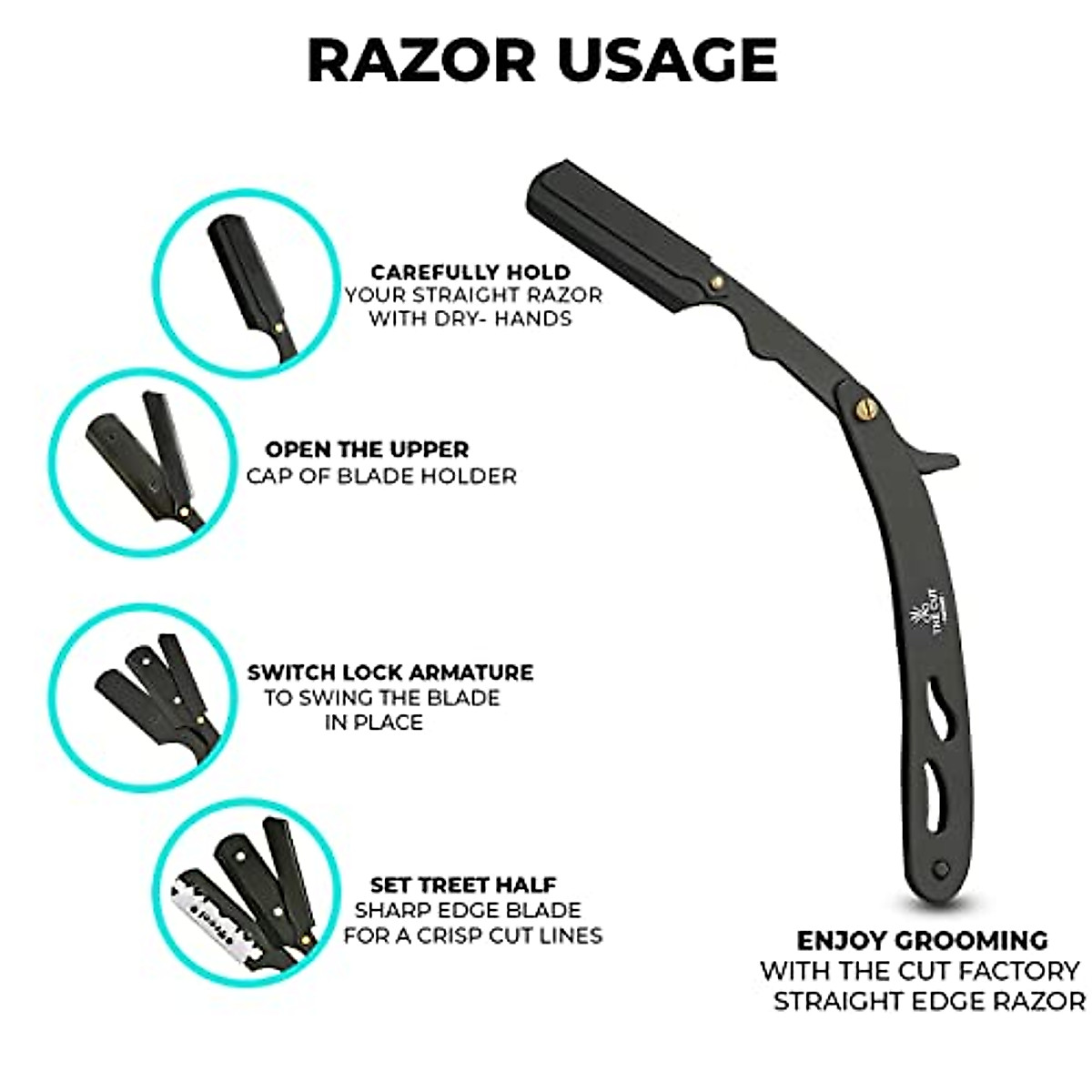 The Cut- Factory- Straight Razor with 100 Pack Platinum Treat Single Blade Razors for Men- Professional Barber Straight Edge Razor for Close Shaving 100 Percent Stainless Steel-Black