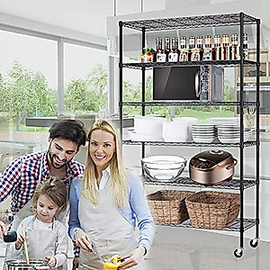 XXkseh Metal Shelf 6 Tier Wire Shelving Unit with Wheels,Heavy Duty Storage Shelves, NSF Garage Kitchen Organizer, Wire Rack Height Adjustable Commercial Grade Rolling Steel Rack,48"x18"x82", Black