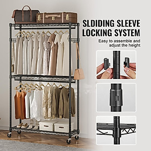 VEVOR Heavy Duty Clothes Rack, Rolling Clothing Garment Rack with 3 Storage Tiers, 2 Rods and 2 Pairs Side Hooks, Adjustable Height Clothing Rack Closet for Hanging Clothes, 400 Lbs Load Capacity