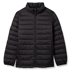Amazon Essentials Boys' Lightweight Water-Resistant Packable Puffer Jacket, Black, Small
