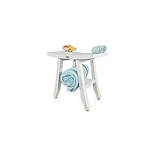 CoastalVogue Teak Satori Shower Bench Wooden Seat Spa Shower Stool with Curved Seat and Shelf Teak Wood Shower Bench in Antique White Finish - 18 inches Length x 12” Width