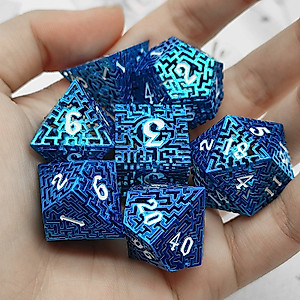 DND Polyhedral Hollow Metal Dice Set RPG Maze Design D&D Dungeons and Dragons D and D MTG Weighted Pathfinder Board Game D4 D6 D8 D10 D% D12 D20 (with Free Metal Storage Box) Dice-Blue