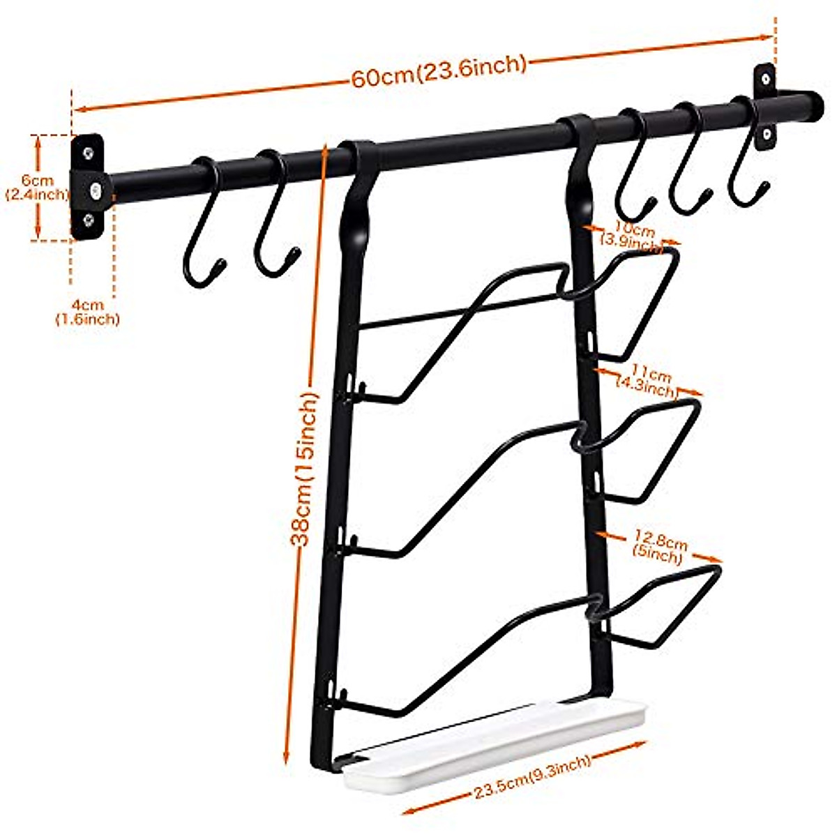 EZOWare Hanging Pot Lid Organizer Holder Rack with Drainboard Set, Includes 23.6 inch Kitchen Wall Mounted Rail Rod with 5 S Hooks for Utensils Pots Pans Lids - Black
