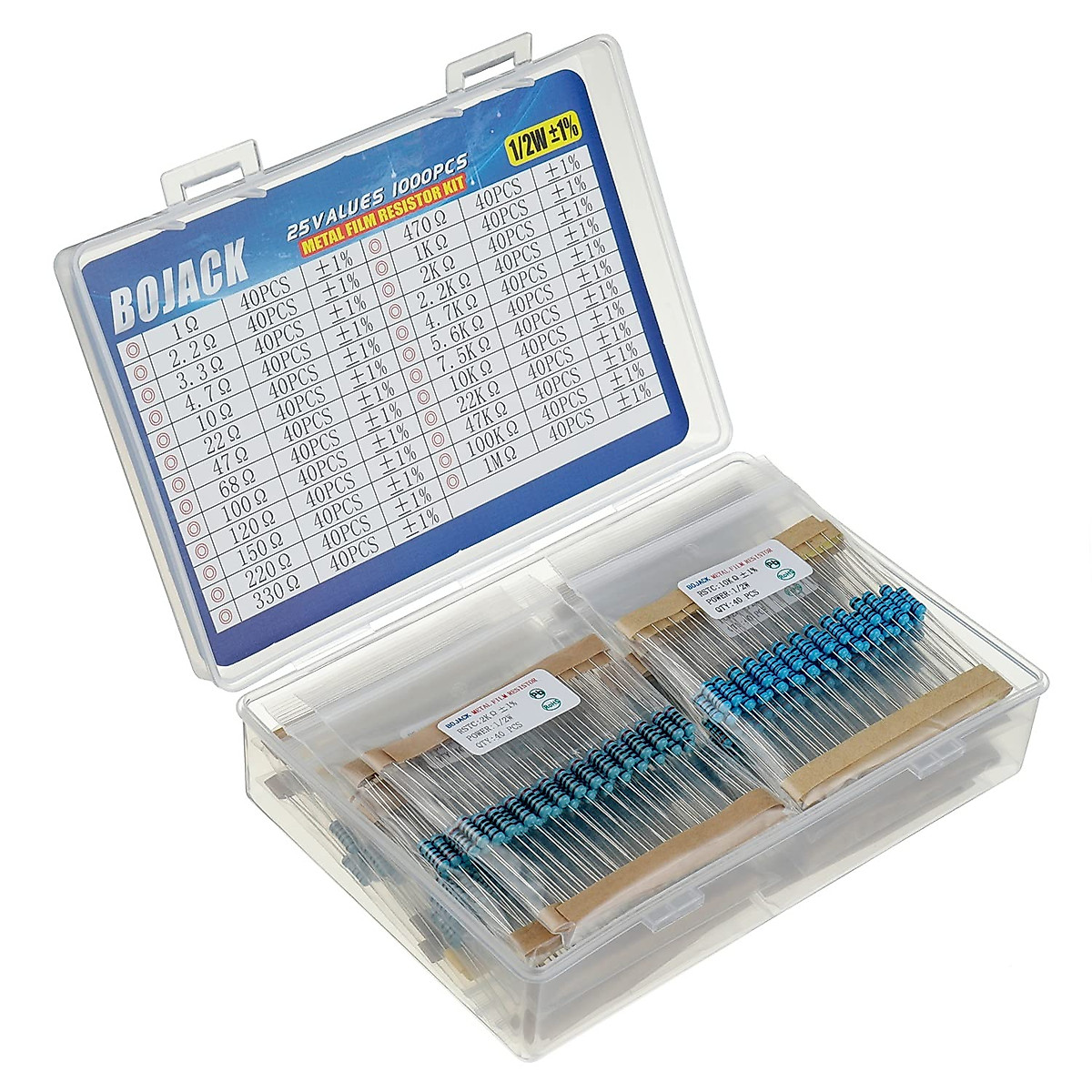 BOJACK 1000 Pcs 25 Values Resistor Kit 1 Ohm-1M Ohm with 1% 1/2W Metal Film Resistors Assortment