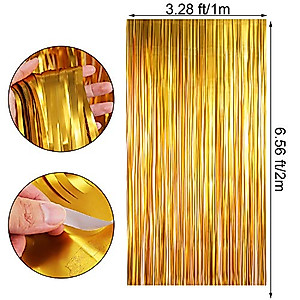 4 Packs Photo Booth Backdrops Foil Curtains Metallic Tinsel Backdrop Curtains Door Fringe Curtains for Wedding Birthday Christmas Halloween Disco Party Favour Decorations (Matt Gold, Matt Black)