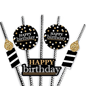 Adult Happy Birthday - Gold - Paper Straw Decor - Birthday Party Striped Decorative Straws - Set of 24