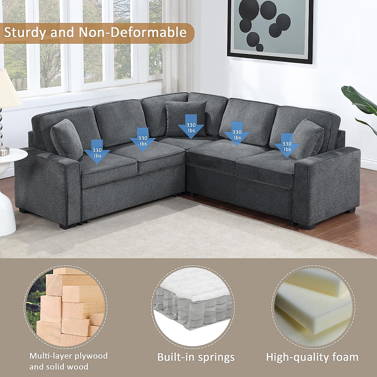 Favfurish Convertible Sectional Sleeper Sofa,L Shaped Oversized Modular Couch Upholstered Free Combined Corner Couches with 3 Pillows and 5 Seat,Pullout Bed,Chenille,Dark Gray