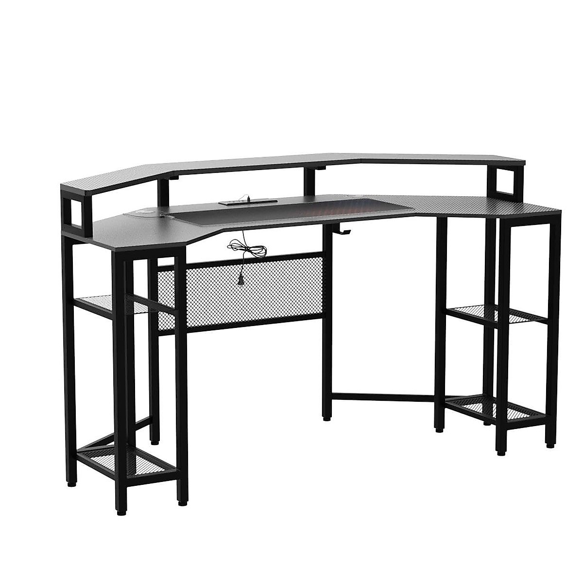 Gyfimoie Computer Desk with Power Outlet & Led Light, 63" Large Wing-Shaped Gaming Desk with Full Monitor Stand, Wireless Charging, RGB Mouse Pad,Headphone Hook,Studio Desk with Storage Shelf for Live