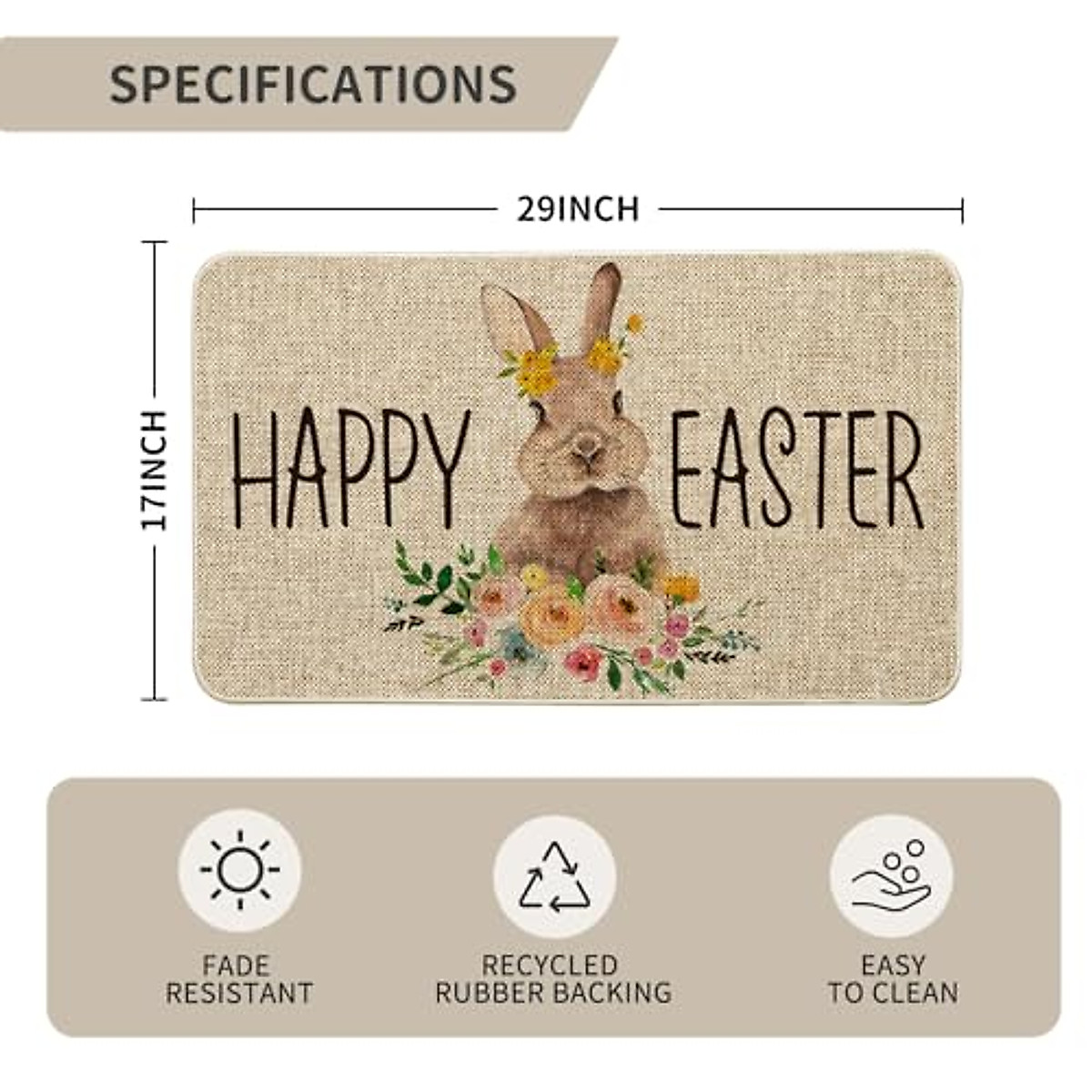 Artoid Mode Cute Rabbit Flowers Happy Easter Welcome Decorative Doormat, Seasonal Spring Low-Profile Rug Switch Mat for Indoor Outdoor 17x29 Inch