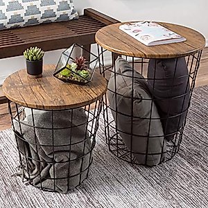 Lavish Home End Storage – Nesting Wire Basket Base and Wood Tops – Industrial Farmhouse Style Side Table, Set of 2 - Round Black, Brown