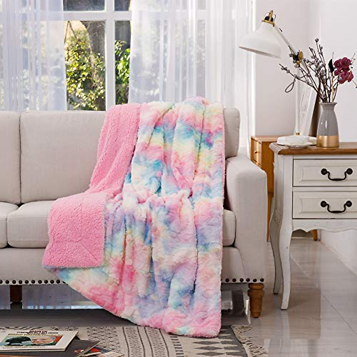 COCOPLAY W Faux Fur Throw Blanket, Super Soft Fuzzy Lightweight Luxurious Cozy Warm Fluffy Plush Sherpa Rose Pink Rainbow Microfiber Blanket for Bed Couch Living Room (Pink Rose, Throw(50"x65"))