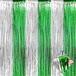 4 Pack 3.2Ft x 8.2Ft Silver Green Foil Fringe Curtain Backdrop, Metallic Tinsel Foil Fringe Streamers Curtains Background for Photo Booth, Birthday, Wedding, St Patrick Day Party Decoration