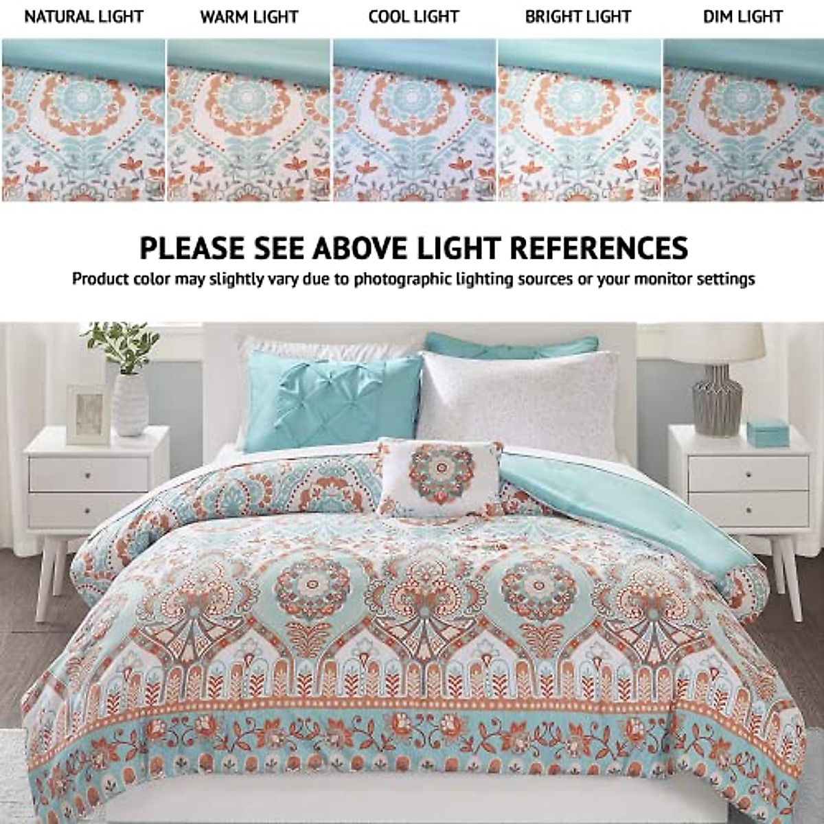 Intelligent Design Complete Bed In A Bag Casual Boho Comforter with Sheet Set Decorative Pillow, All Season Bedding Set, Queen, Vinnie Aqua 8 Piece