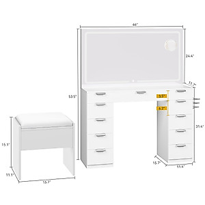 DWVO Dressing Vanity Desk with Spacious LED-Lit Mirror & Electrical Socket, 11-Drawer Cosmetic Makeup Table with Magnifier, 46'' Dressing Table with Organizing Stool for Bedroom, Ivory