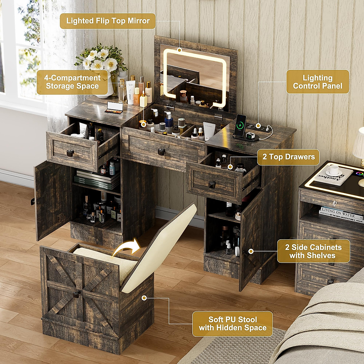 MDGC 3 in 1 Vanity Desk with Mirror and Lights, Farmhouse Dressing Table with Charging Station, Makeup Vanity Table with 3 Drawers Dresser, Adjustable Shelves & Hidden Stool for Bedroom, Dark Oak