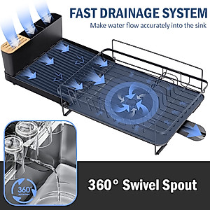 TOOLF Dish Drying Rack, Expandable Dish Drying Rack with Drainboard, Metal Large Dish Rack for Kitchen Counter, Dish Drainer with Cutlery Holder & 360°Swivel Spout Black