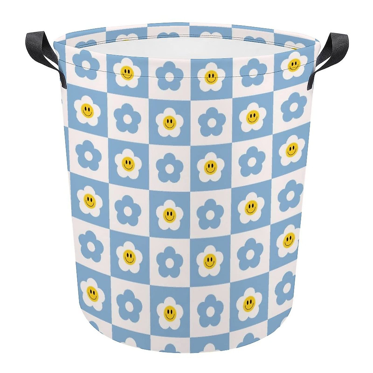 17.3 Inches Laundry Basket, Waterproof Collapsible Storage Basket, Round Dirty Clothes Hamper with Handles for Bedroom Room Toy Storage (Checkered Groovy Smiling Flowers)