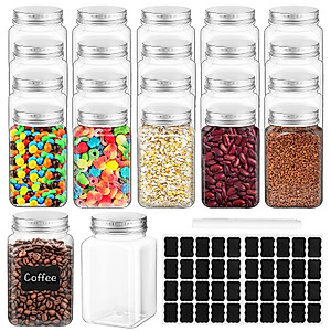 12 Oz Square Plastic Jar Storage Container with Lids Labels Pen, Wide Mouth Clear PET Seal Jar Empty Candy Jar Airtight Plastic Mason Jars Plastic Spice Containers for Kitchen Storage Craft (24 Pcs)