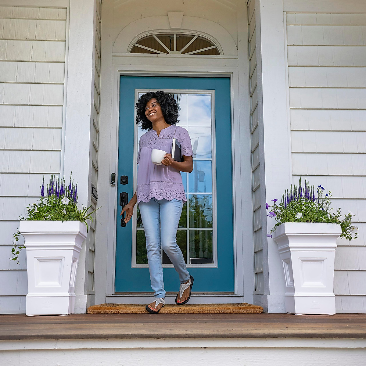 Step2 Atherton Square Planter, Large Planters for Outdoor Plants, Gardening and Flower Pot for Patio or Porch, Efficient Drainage, Durable Plastic, White, 2-Pack