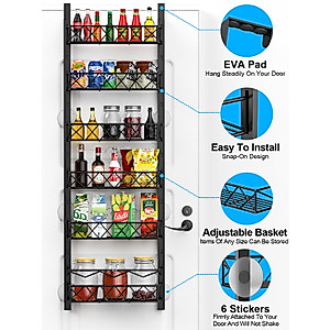 Fulpower Over the Door Pantry Organizer, 6+1 Pantry Door Organizer with Adjustable Basket, Metal Spice Rack Storage for Kitchen Pantry Black (Black 6 Tier)