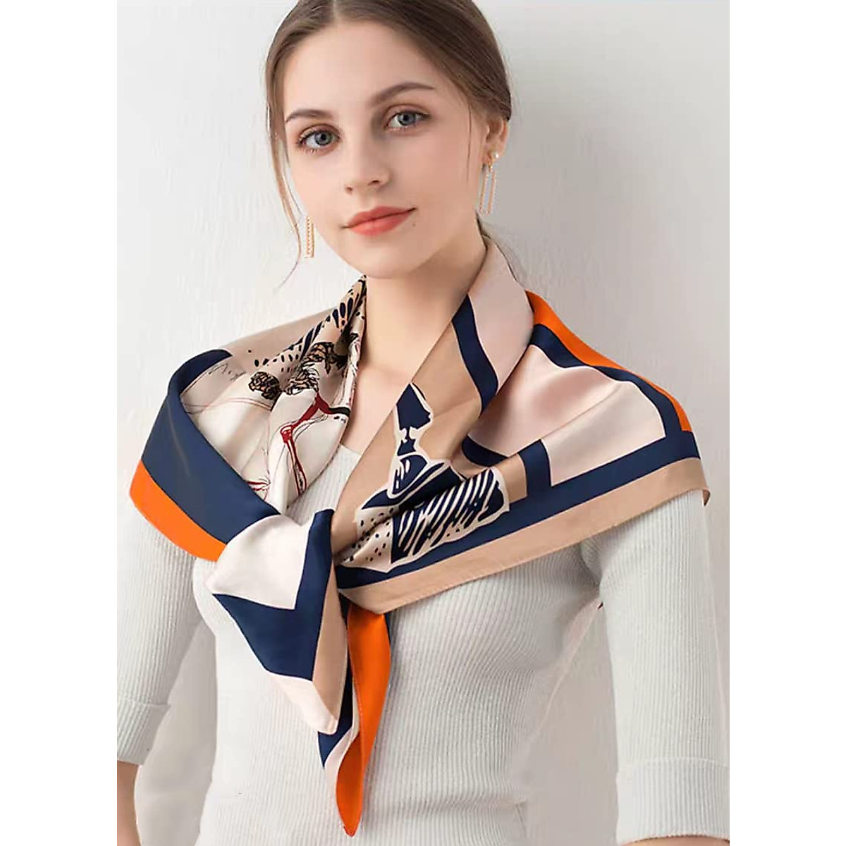 ANDANTINO 100% Pure Mulberry Silk Scarf 35" Large Square Real Silk Headscarf –Women’s Hair Scarves and Wraps (Horse)