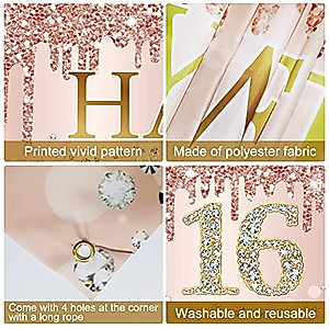 Sweet 16th Birthday Banner Decorations for Girls, Pink Rose Gold Happy Sweet 16 Birthday Sign Party Supplies, Large Sweet Sixteen Year Old Birthday Decor for Outdoor Indoor (9.8x1.6ft)