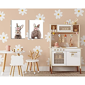 Girls Nursery Wall Art Bunny Rabbit with Pink Flower Crown Canvas Print Wall Decor Woodland Animal Posters Kids Room Set of 2 Bedroom Deccoration Framed Wall Art