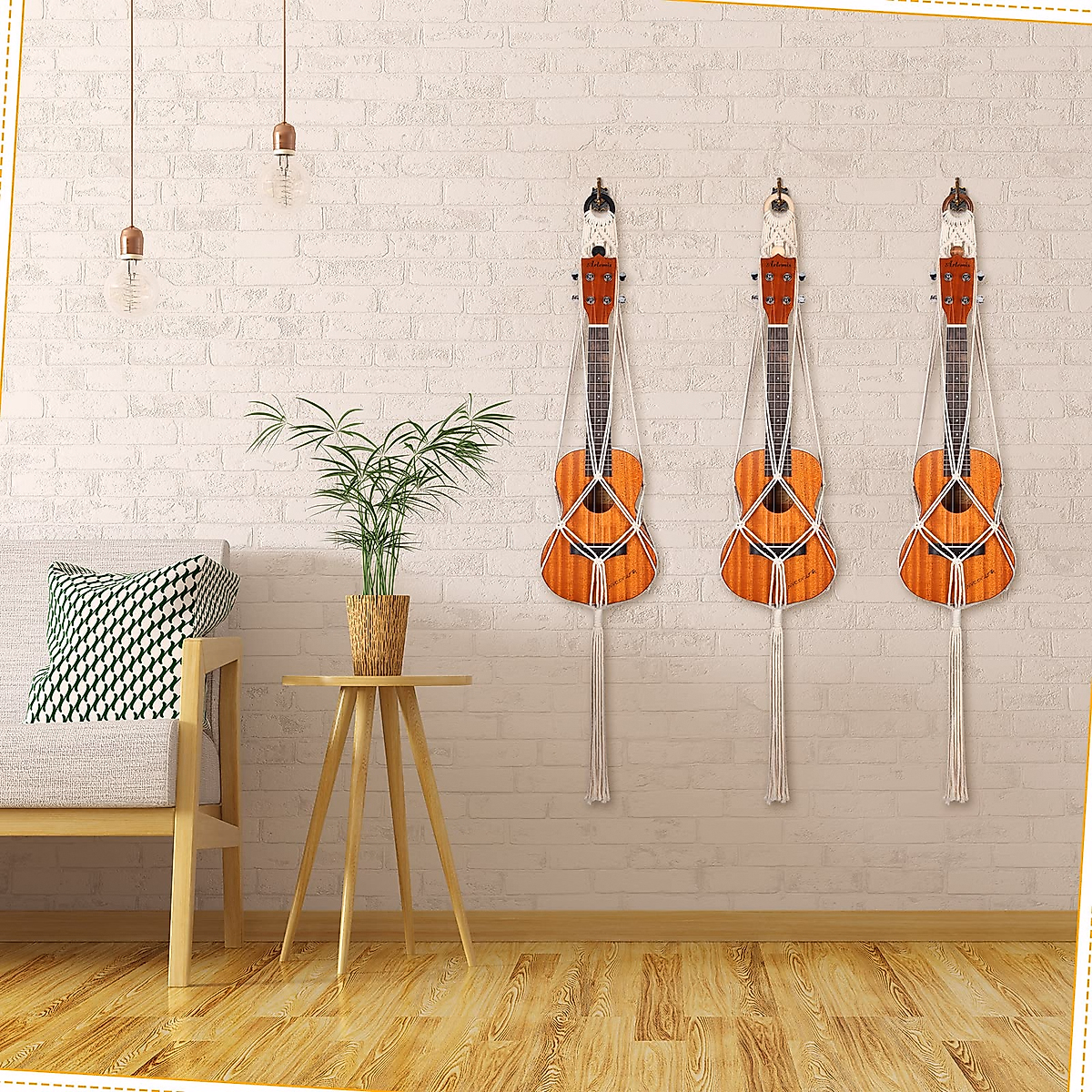 3 Pieces 21 to 24 Inches, Macrame Ukulele Hanger Macrame Wall Mount Hanger Boho Ukulele Wall Mount Hanging Stand Holder for Soprano Ukulele Case Wall Decor Alternative Kit, Black Ring and Wooden Bead